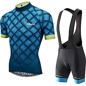 PHTXOLUE Cycling Kit Men Cycling Jersey Set Cycling Bib Shorts Bicycle Jersey Shirts Outfit Uniform Clothes (Black Blue-1, Medium)