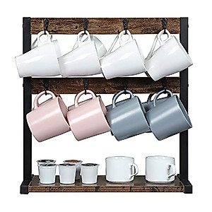 OROPY Vintage Wood Coffee Mug Holder Stand, 2 Tier Countertop Mug Tree Holder Rack for Coffee Mugs Cups, Dark Brown (Double Side,16 Hooks)