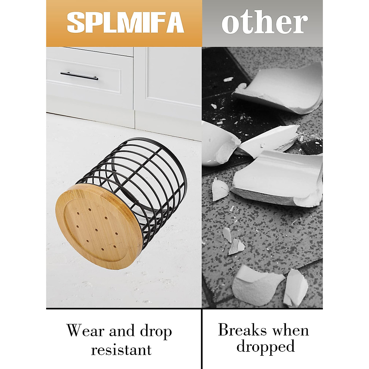 SPLMIFA Kitchen Utensil Holder Large Utensil Holder with Wooden Base and Matte Black Metal holder，Storage Solutions for Kitchen/Small Items Storage