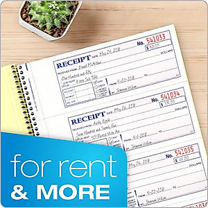 Adams Money and Rent Receipt Book, 2-Part Carbonless, 7-5/8" x 11", Spiral Bound, 200 Sets per Book, 4 Receipts per Page (SC1182), White/Canary