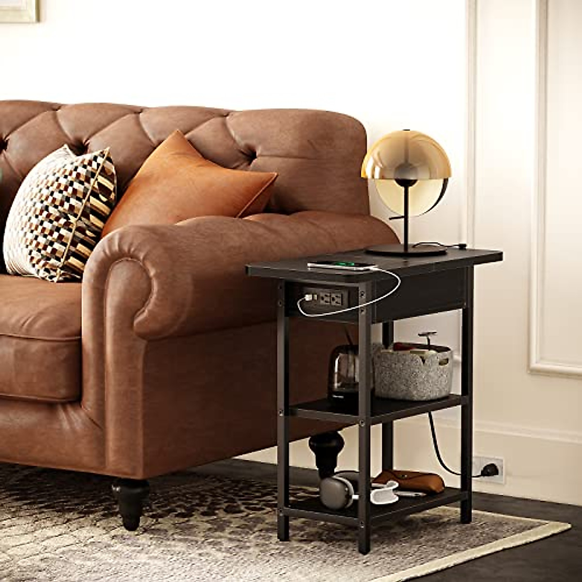 TILLMAO Narrow End Table with Charging Station, Side Table with Storage for Small Spaces, Flip Top Nightstand/Bedside Table/Sofa Couch Table/Slim End Table for Living Room Bedroom Office…