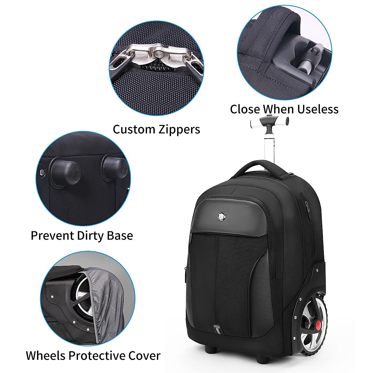 AOKING 18/20 Inch Large Wheeled Water Resistant Travel School Business Rolling Wheeled Backpack with Laptop Compartment Bag (20 inch, Black)
