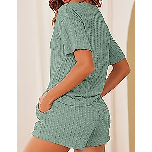 Ekouaer Women's 2 Piece Lounge Sets Ribbed Knit Matching Outfits T-shirt and Shorts Sets Loungewear Casual Pajamas Green Small