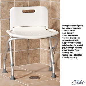 EasyComforts Folding Bath Seat with Back Support, Portable Shower Bench, Rubber Tips, High-Density Polyethylene, White – Overall Bench Seat Measures 17 ½ Inches x 11 Inches, Supports Up to 300 Pounds