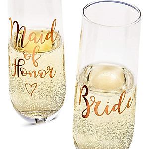 Juvale Rose Gold Stemless Champagne Glasses for Bride and Maid of Honor, 9.8 oz Wedding Flutes Gift Set (2 Pieces)