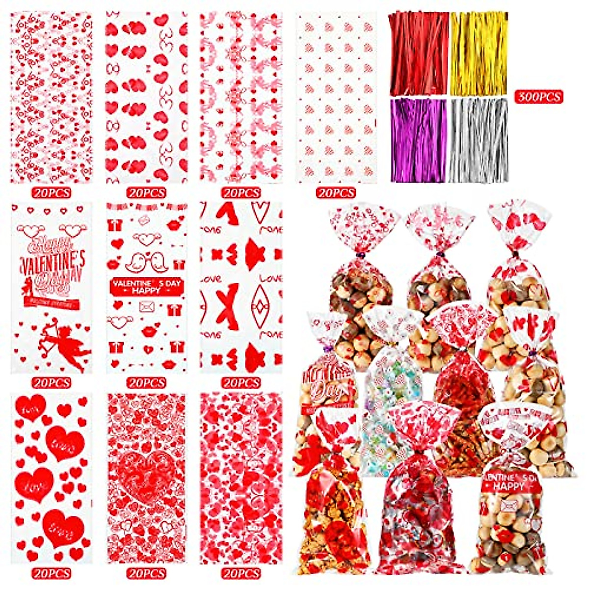 200 Pcs Valentine Cellophane Candy Bags Valentine's Day Gift Bags Valentine Cellophane Treat Bags with 200 Twist Ties Valentine Goodies Bags for Kids Valentine Party Supplies,10 Styles