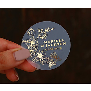 XOXOKristen Custom Wedding Stickers for Favors, Clear Wedding Envelope Seals, Gold Wedding Stickers for Favors, Personalized Floral Rose Gold Wedding Favors Stickers Labels, Custom Name Stickers