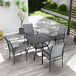 Crownland Outdoor Wrought Iron Dining Chairs Set of 4, Patio Textilene Dining Chair with High Backrest, Metal Frame Furniture Chairs with Armrests for Yard, Deck, Backyard, Lawn, Poolside (Grey)