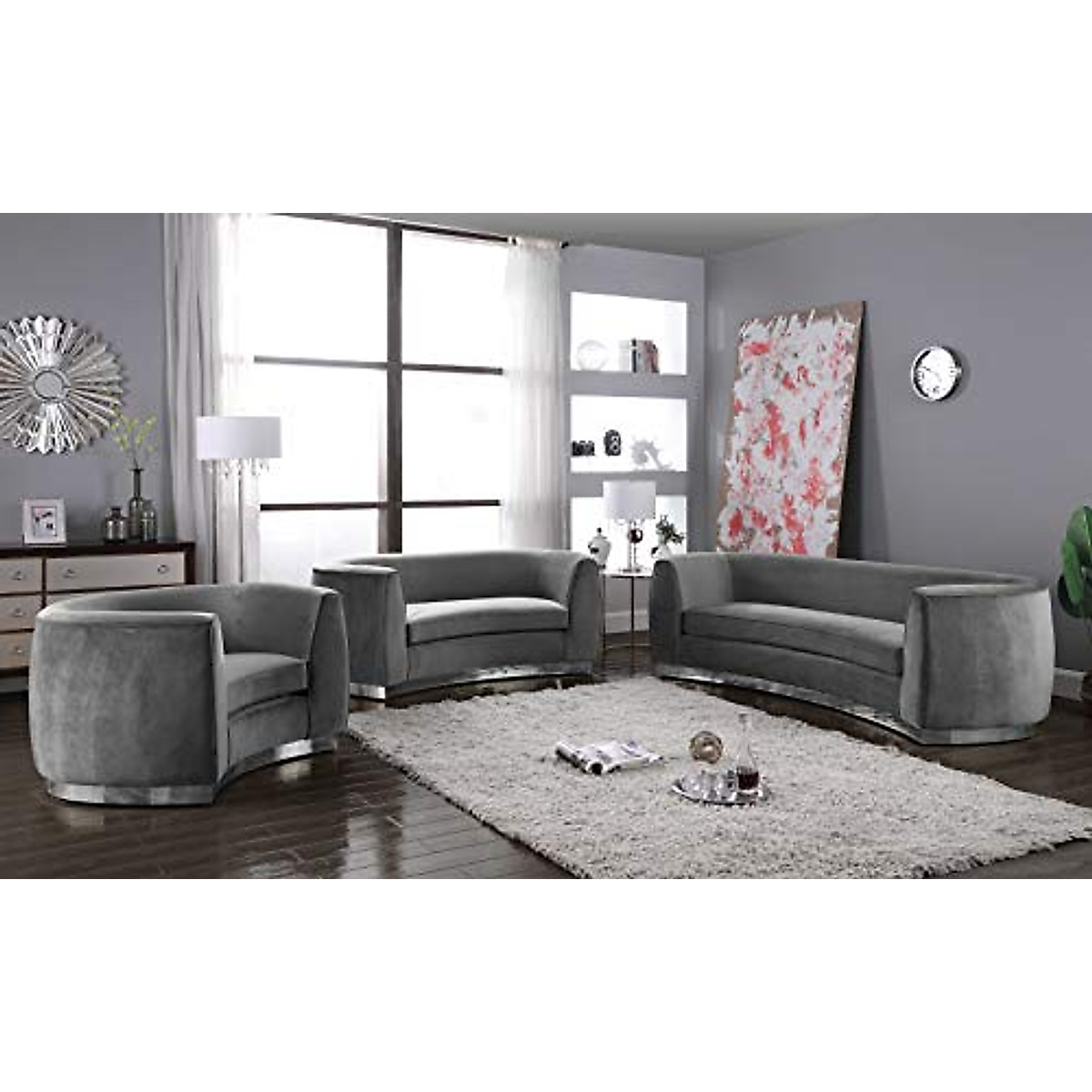 Meridian Furniture Julian Collection Modern | Contemporary Velvet Upholstered Loveseat with Stainless Steel Base in Polished Chrome Finish, Grey, 70" W x 34" D x 28" H