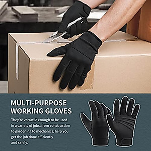 OZERO Medium Black Synthetic Leather Utility Gloves for Men and Women - Touch Screen Sensitive, Padded Knuckles, Adjustable Closure