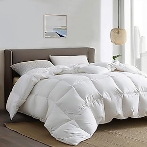 Serta White Down Feather Fiber Comforter Queen Size, All Seasons Warmth 300 Thread Count White Down Duvet Insert 500 Fill Power Fluffy Comforter with 100% Cotton Down Proof Cover