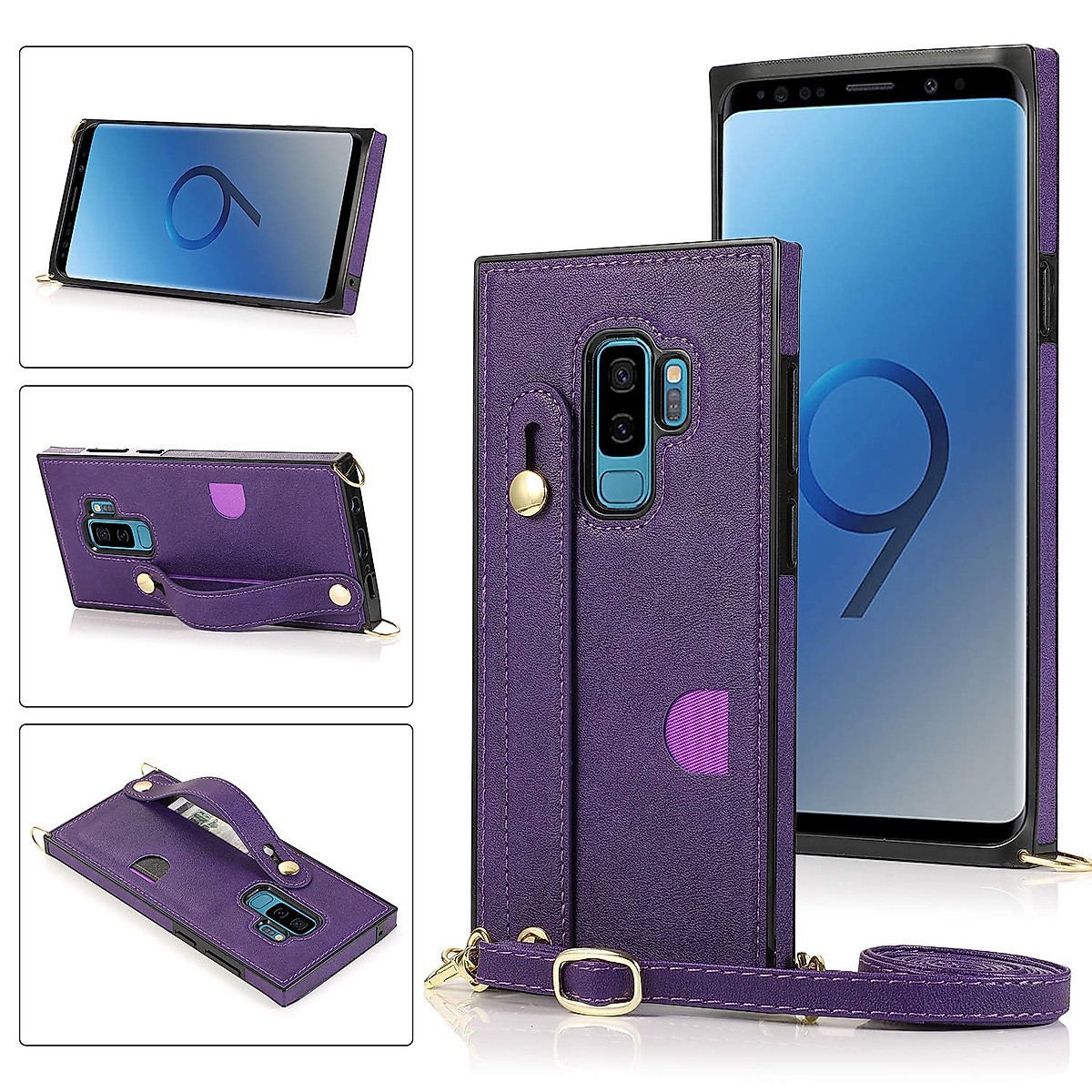 ONV Protective Case Compatible with Samsung Galaxy S9 Plus- Adjustable Crossbody Lanyard + Wrist Cash Pocket Wallet Leather Case Card Slot Stand Metal Close Cover for Samsung Galaxy S9 Plus[WD]-Violet