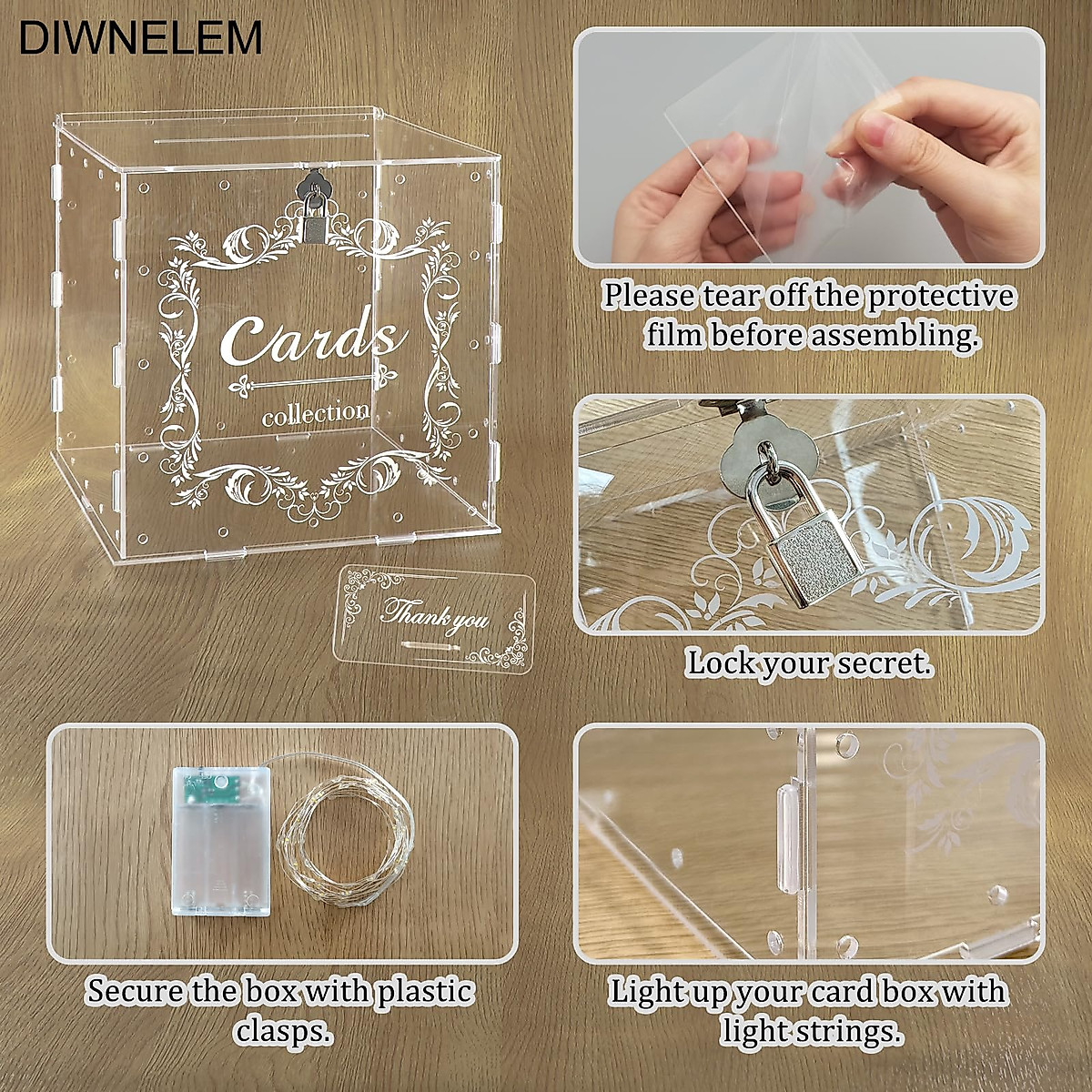 DIWNELEM Acrylic Wedding Card Box with Lock Clear Large Letter Envelope Box Acrylic Wedding Gift Card Box Money Box for Reception Baby Shower Birthday Party Graduation Decorations