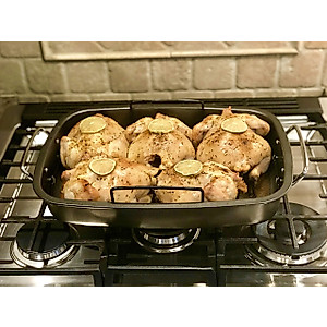 Heavy Gauge, Carbonized Steel, Commercial Kitchen Grade Non-Stick Roaster with Floating Rack for 22 lb Turkey by EuroHome