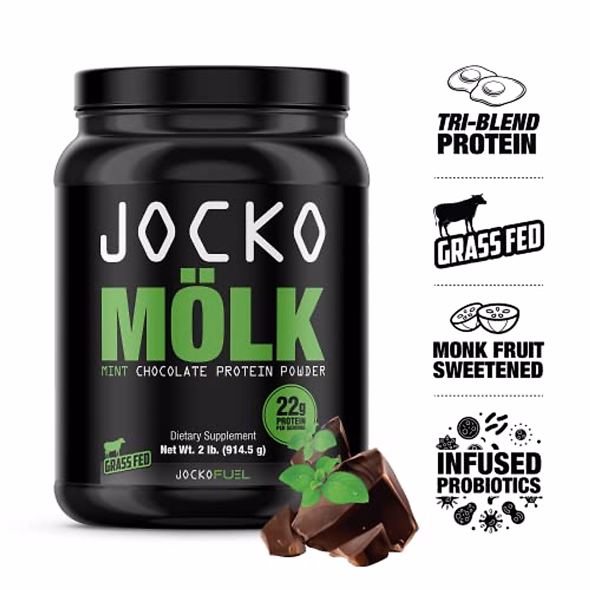 Jocko Mölk Whey Protein Powder (Mint Chocolate) - Keto, Probiotics, Grass Fed, Digestive Enzymes, Amino Acids, Sugar Free Monk Fruit Blend - Supports Muscle Recovery and Growth - 31 Servings