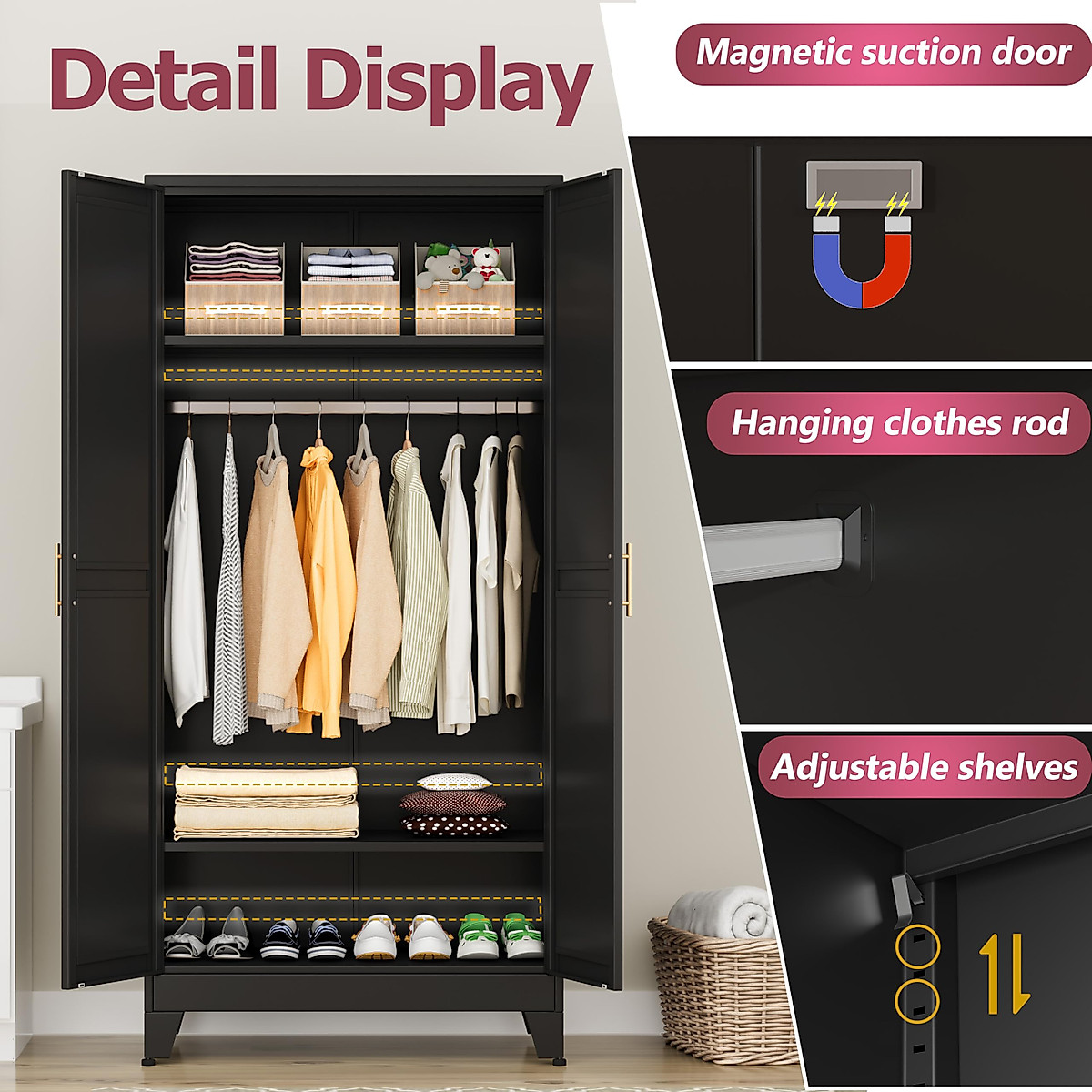 GAIOUS Metal Wardrobe Cabinet with Hanging Rod, 70.87" Metal Clothing Storage Cabinets with 2 Doors and Adjustable Shelves, Black Armoire Wardrobe Closet for Bedroom, Laundry Room, Cloak Room