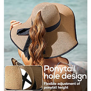 Sun Hats for Women with Ponytail Hole, Wide Brim Beach Hats for Women, Floppy Straw Hat Foldable, Packable Summer Hats Women Khaki