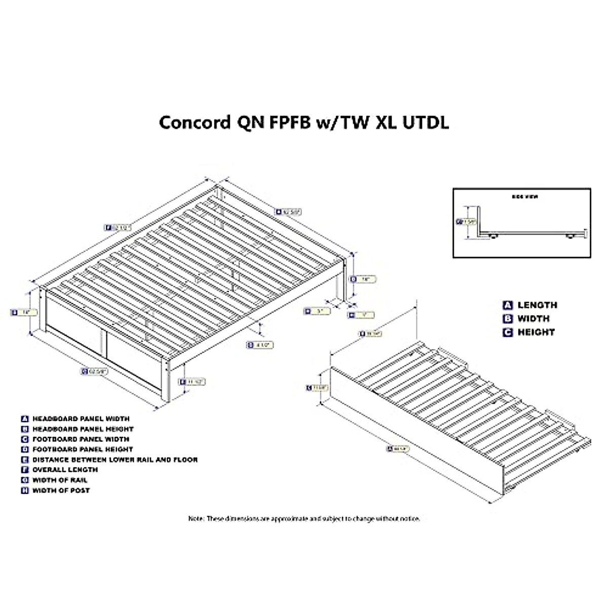 AFI Concord Queen Platform Bed with Footboard and Twin Extra Long Trundle in Grey