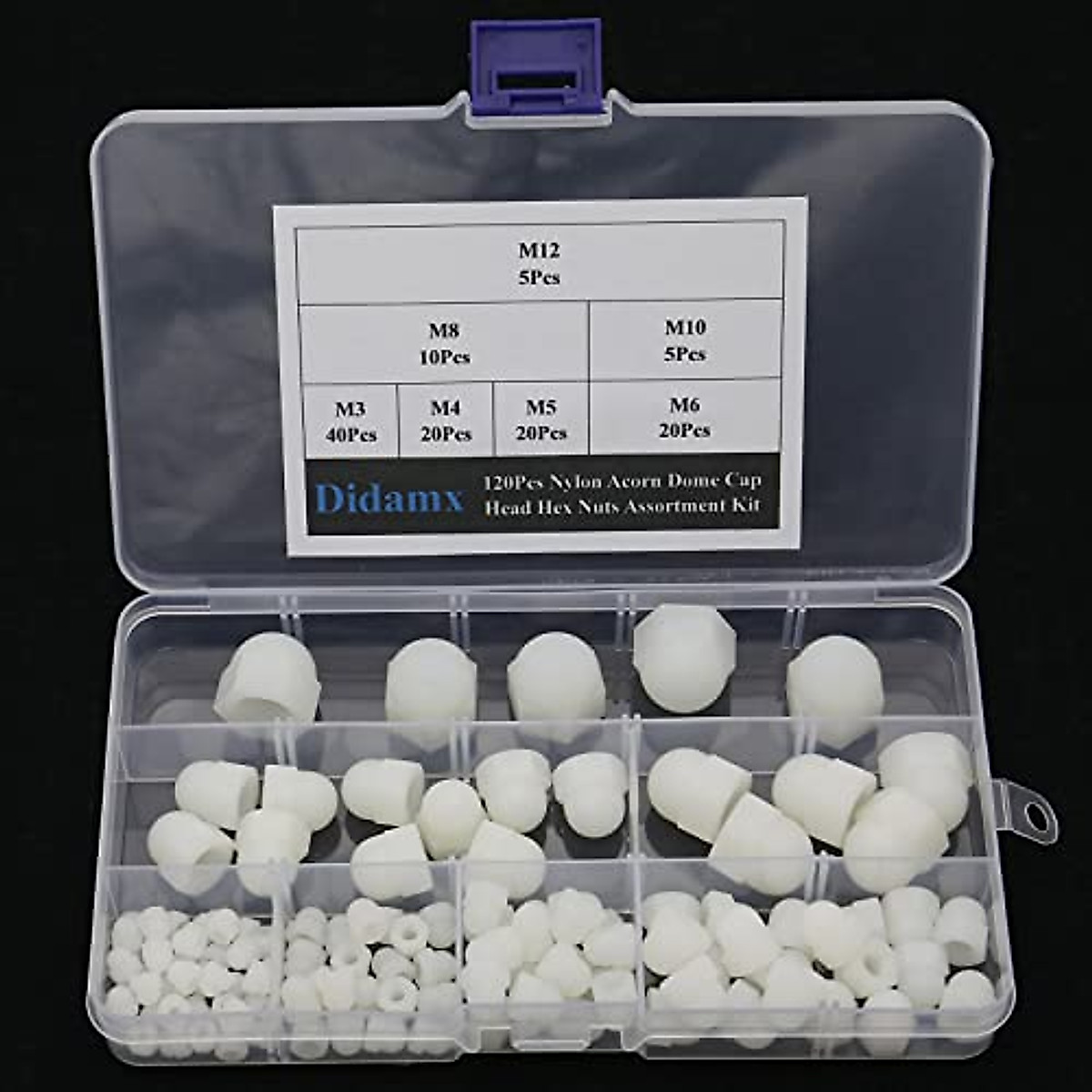 Didamx 120Pcs M3 M4 M5 M6 M8 M10 M12 Nylon Acorn Dome Cap Head Hex Nuts Assortment Kit