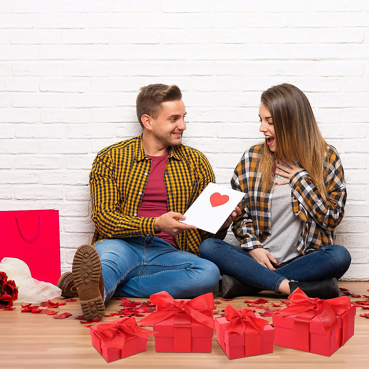 Clabby Square Nesting Gift Boxes with Lid Christmas Rigid Gift Box, 4 Assorted Sizes Boxes for Presents with 1 Roll Ribbon for Valentines Bridal Bridesmaid Wedding Anniversary Favor (Red)