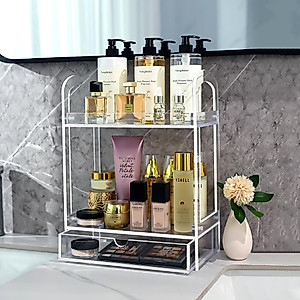 WGF 2-Tier Bathroom Counter Organizer with Drawer, Acrylic Bathroom Organizer, Makeup Organizer Countertop, Multi-Purpose Vanity Organizer, Kitchen Organizer, Versatile for Bathroom Vanity Kitchen