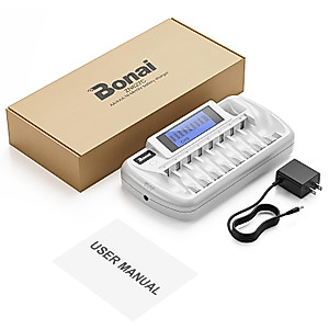 BONAI 8+1 Bay AA AAA Battery Charger with LCD Display for AA AAA NiMH NiCd & 9V Rechargeable Batteries Independent Control and Standard American AC Charging Plug