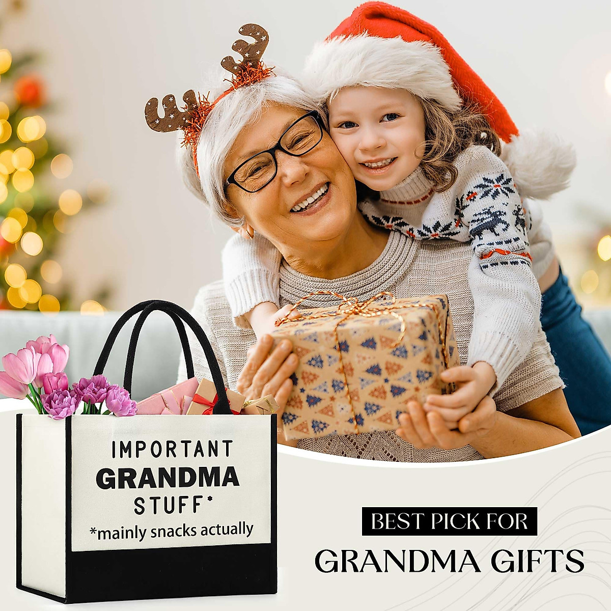BackURyear Grandma Xmas Tote Bag Gifts, Important Stuff Tote Gifts for Grandma Christmas Stocking Stuffer Holidays Birthday from Grandkids Granddaughter, Cute Gifts Shopping Bag Grocery Bag