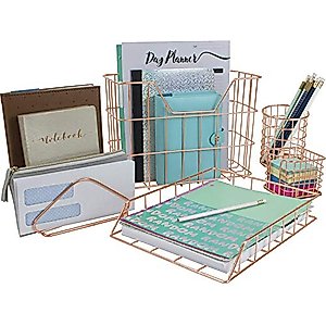 Sorbus Desk Organizer Set, Rose Gold 5-Piece Desk Accessories Set Includes Pencil Cup Holder, Letter Sorter, Letter Tray, Hanging File Organizer, and Sticky Note holder for Home or Office (Copper)