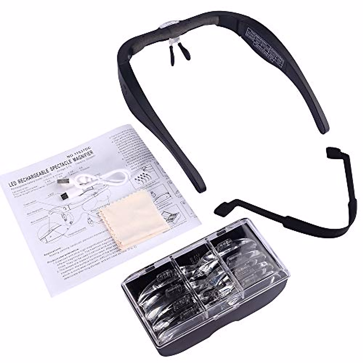 Head Magnifier Glasses with 2 LED Lights USB Charging Magnifying Eyeglasses for Reading Jewelry Craft Watch Repair Hobby, Detachable Lenses 1.5X, 2.5X, 3.5X,5X(Black)