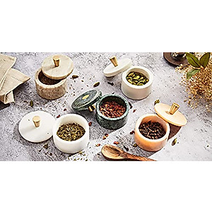 Queenza White Marble Salt Cellar with Lid and Brass Knob, 3 Inch Salt Box