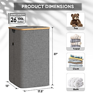 BALEINE Laundry Hamper with Lid, Tall Laundry Baskets with Bamboo Pull Handles, Large Laundry Bin with Internal Support (26 Gallon, Grey)