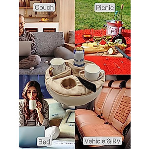 Couch and Bed Cup Holder Pillow, Sofa Organizer Caddy for Drinks, Remotes, Phones, Snacks (Beige)