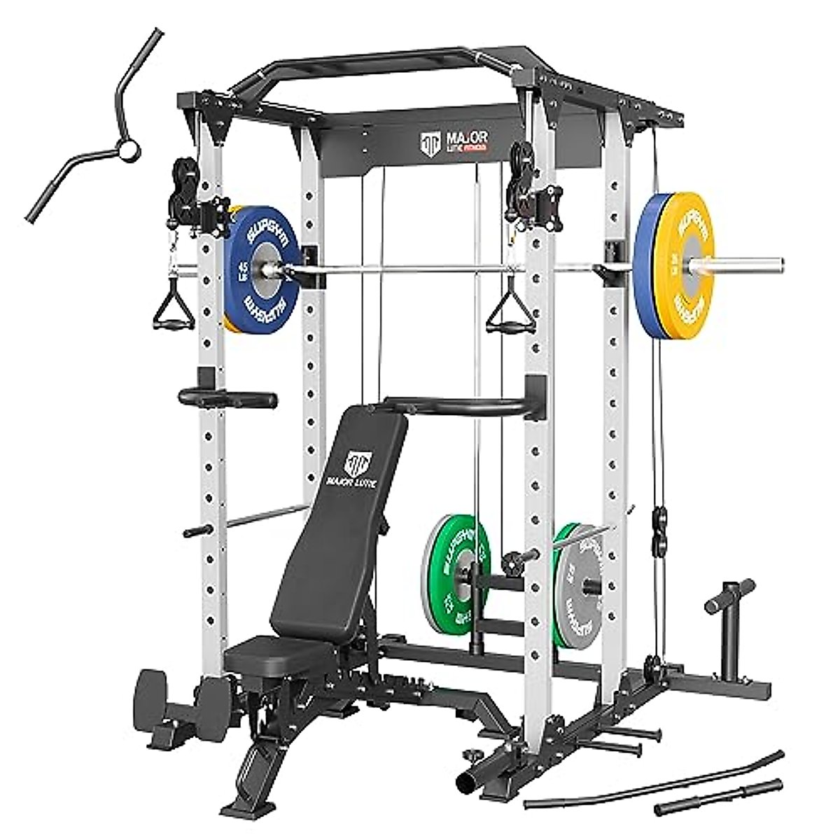 MAJOR LUTIE Power Cage with Weight Bench, 230LBS Competition Bumper Plates and Olympic Barbell, PLM03 Multi-Function Power Rack with Adjustable Cable Crossover System and Exercise Attachment White