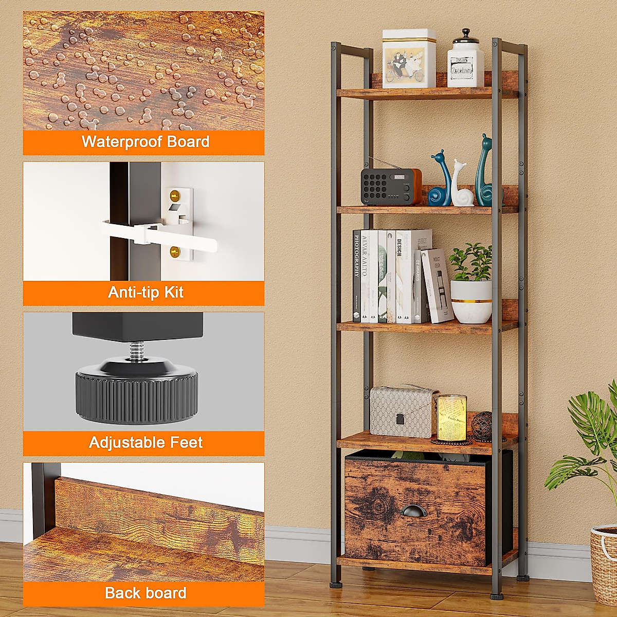 Furologee 5 Tier Bookshelf with Drawer, Tall Narrow Bookcase with Shelves, Wood and Metal Book Shelf Storage Organizer, Industrial Display Standing Shelf Unit for Bedroom, Living Room, Rustic Brown