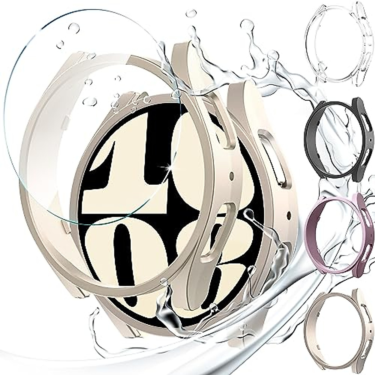 EWUONU [4+4Pack Galaxy Watch 6 Screen Protector Case 40mm 2023, Anti-Fog Tempered Glass Film and Hard PC Bumper Case Cover for Samsung Galaxy Watch 6 40mm