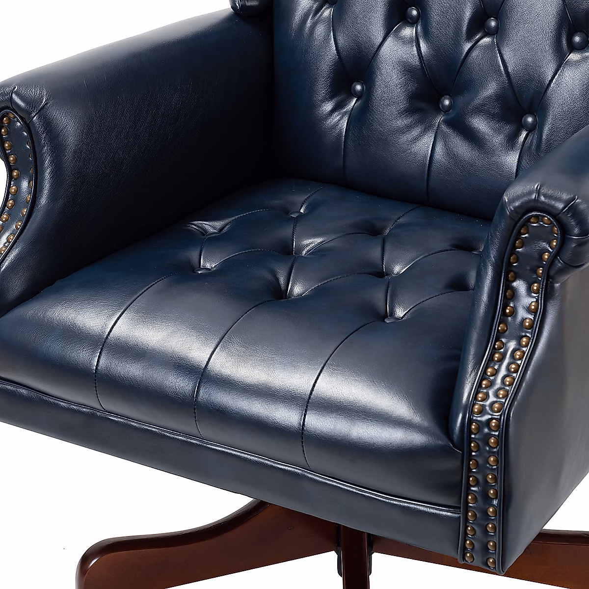 HULALA HOME Managerial Executive Swivel Office Chair with Height-Adjustable, Tufted Back & Nailhead Trim, High-Back Desk Chair for Home & Office, Faux Leather (Blue)