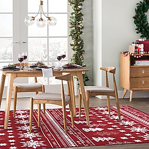 Auemtyn Area Rug, 8x10 Christmas Rug for Living Room, Christmas Area Rug with Non-Slip Backing, Stain Resistant Snowflake Rug for Bedroom,Ultra-Thin Washable Rug for Christmas Decor(8'x10', Red)