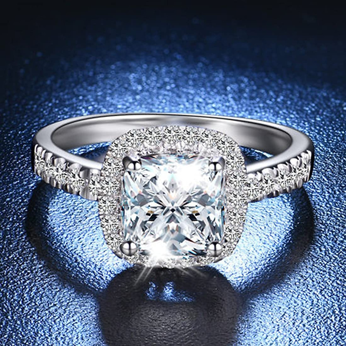 18K White Gold Plated 3CT Zircon Cushion Halo Diamond Ring for Women Sterling Silver Jewelry