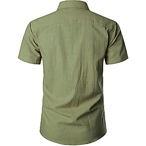 ZEROYAA Men's Fitted Cotton Linen Casual Short Sleeve Button Up Shirts Lightweight Beach Tops with Pocket ZLSC34-Avocado Green Medium