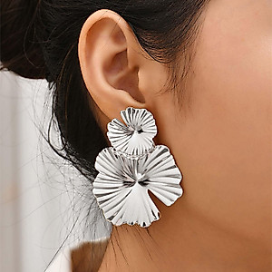 Sttiafay Vintage Exaggerated Lotus Leaf Earrings Round Leaf Drop Earrings Silver Large Metal Flower Earrings Metal Statement Flower Earrings Jewelry for Women and Girls