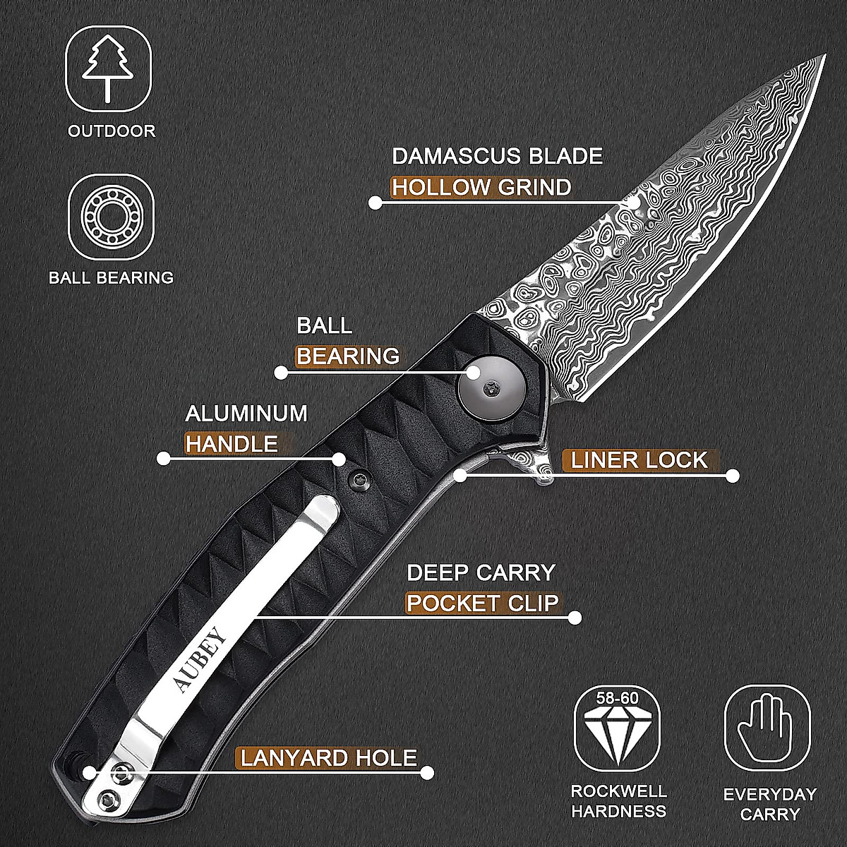 AUBEY Damascus Pocket Knife for Men with Clip EDC, 3.23" VG10 Core Damascus Steel Blade of Folding Knife with Black Aluminum Handle, Sharp Damascus Camping Knife