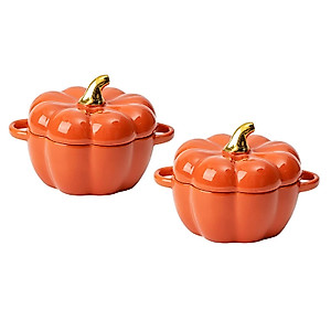 FYUEROPA Pumpkin Bowl Set with Lid and Handle, 14 Oz Ceramic Ramekins for Baking, Casserole Dish Individual Severing Pot, Stoneware, Oven Safe, Set of 2 (Orange)