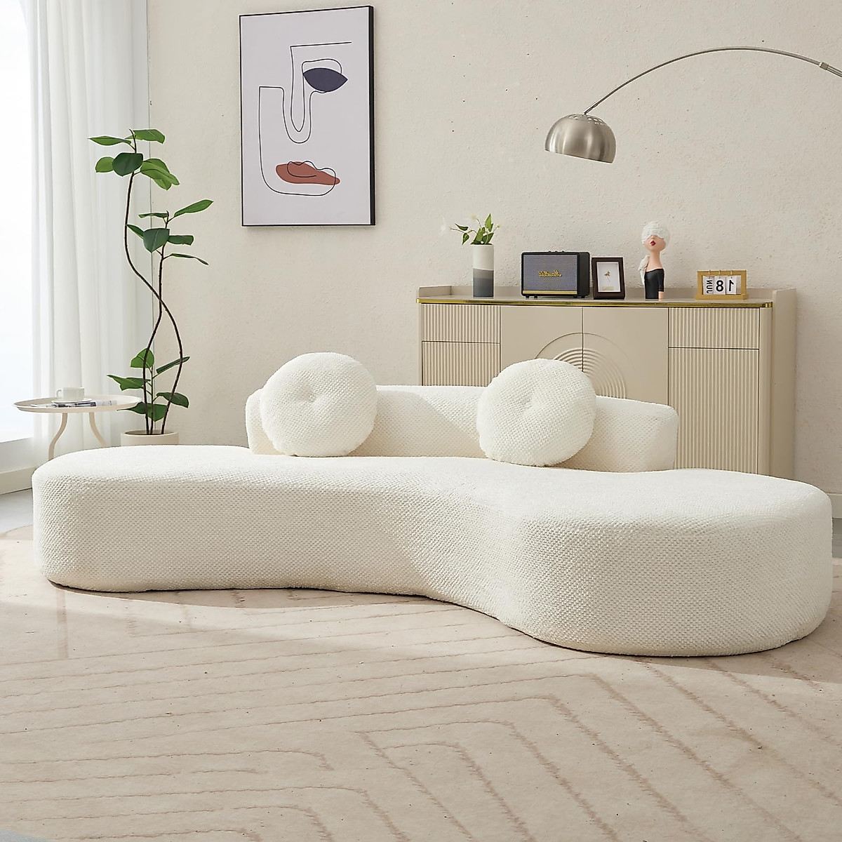 Modern 4-Seater Curved Sofa, Sofa-in-a-Box, No Assembly Required, Comfy Corduroy Fabric Sofa Couch with 2 Pillows, High Density Sponges Cloud Couch for Living Room Apartment Office (Beige)