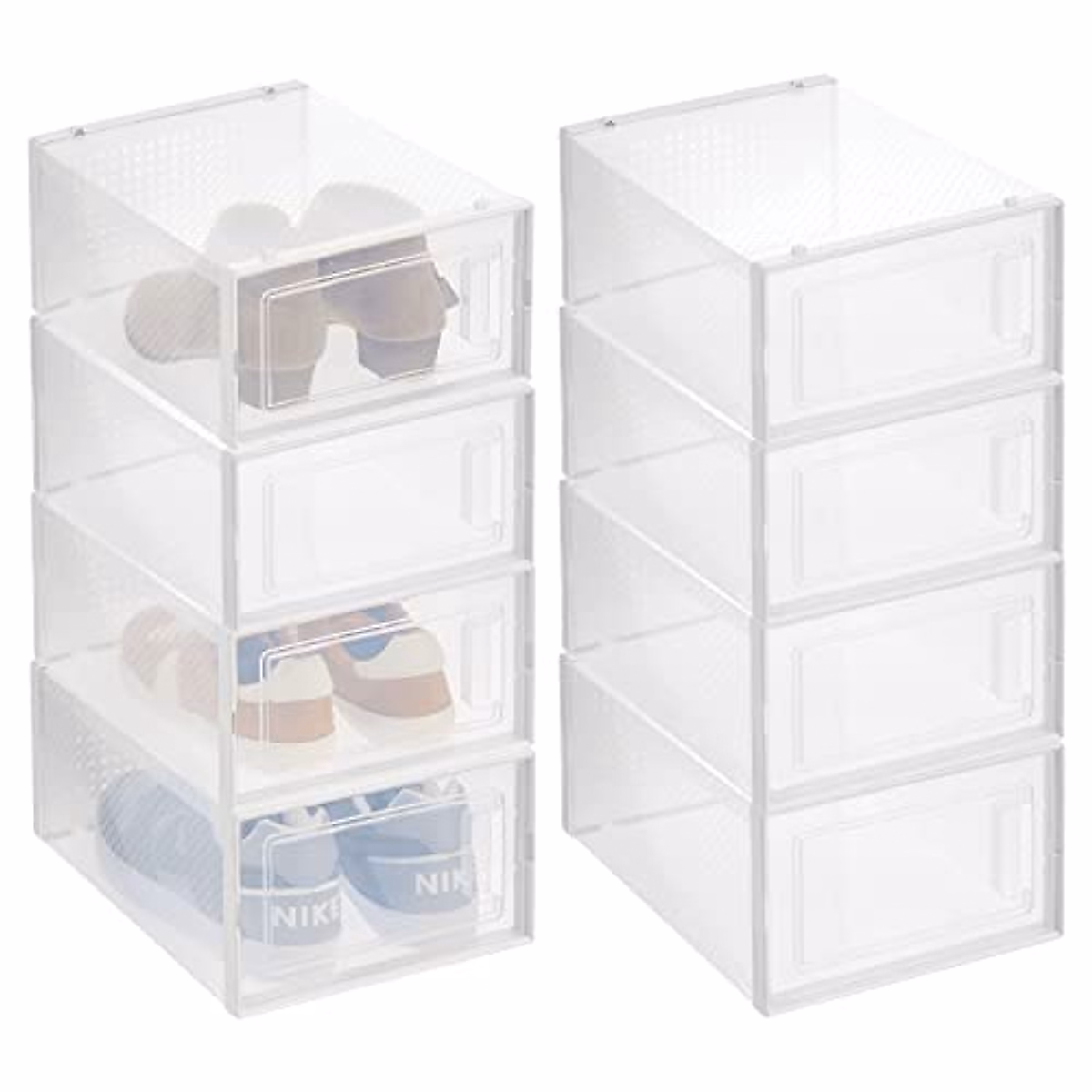 mDesign Stackable Plastic Closet Storage Box with Side Opening Panel- for Organizing Men's and Women's Shoes, Booties, Pumps, Sandals, Wedges, Flats, Heels, and Accessories, 8 Pack - White/Clear