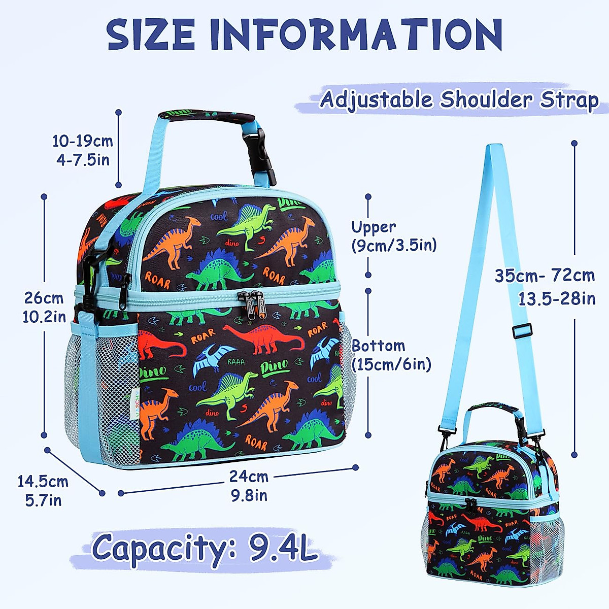 VASCHY Lunch Box Bag for Kids, Insulated Double Compartments Cooler Lunch Tote for Toddlers Boys Girls School/Daycare/Picnic Black Dinos