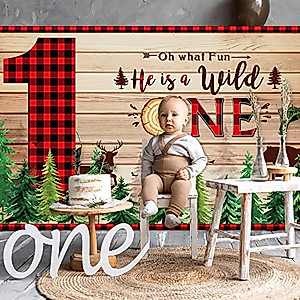 Lumberjack Backdrop Banner Wild One Baby Shower Forest Background Boys 1st First Birthday Photography Photo Prop Red Black Buffalo Plaid Lumberjack Themed Party Decoration 6 x 3.6 Feet