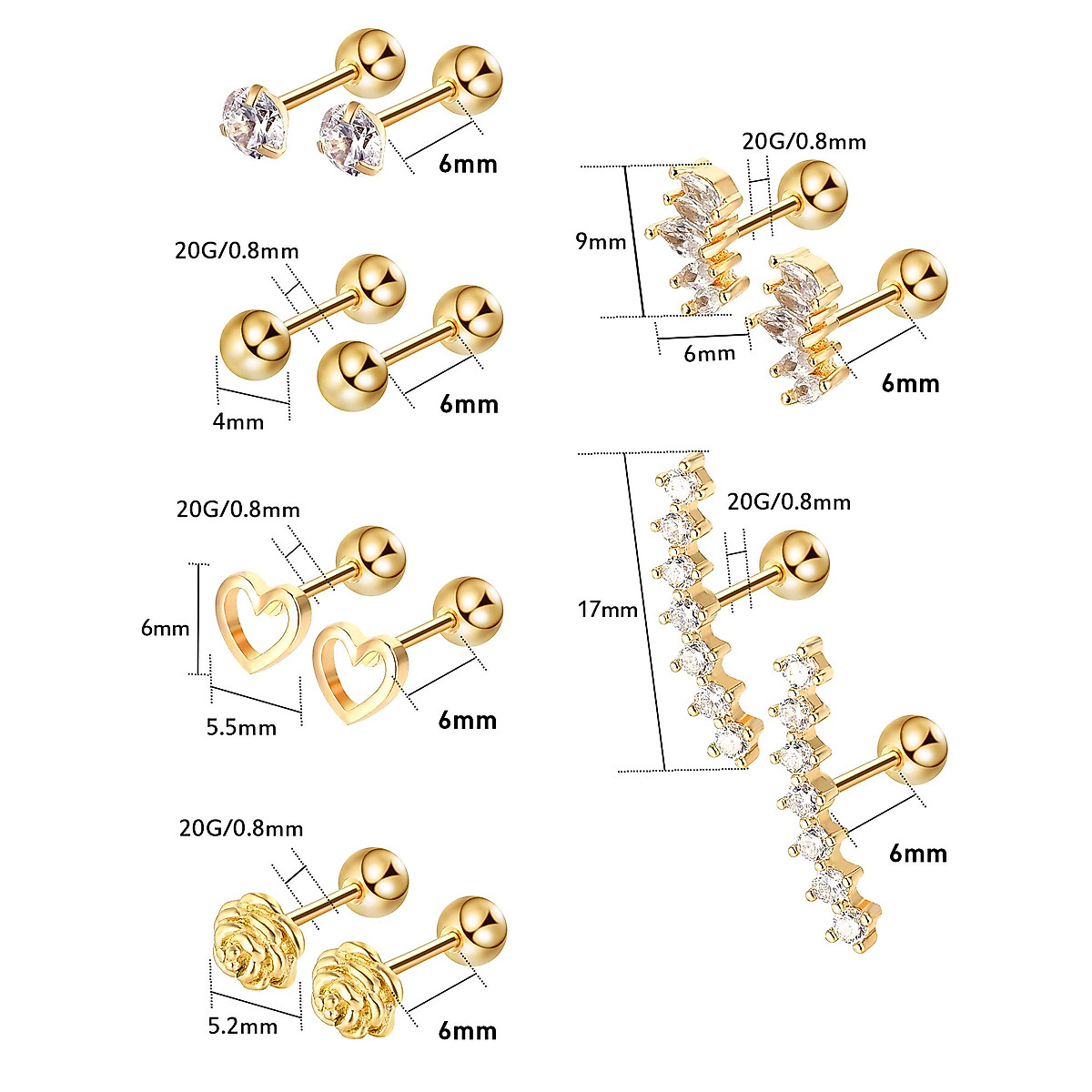 6 Pairs Stainless Steel Tragus Cartilage Earrings Labret Studs Barbell Lip Nose Body Stud Piercing for Men Women Ornament (Gold)