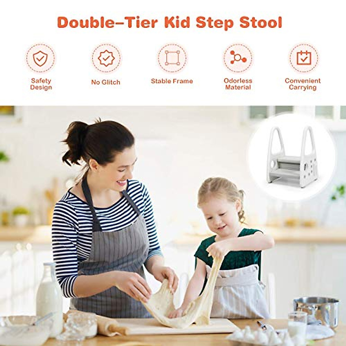 Costzon Kids Step Stool, Toddler Step Ladder for Toilet Potty Training, Kitchen Counter, Bathroom, Two Step Learning Tower w/Non-Slip Design, Safety Handles, 200 Lbs Weight Capacity (Grey)