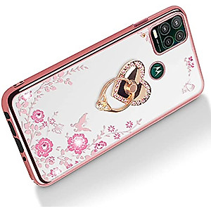 for Moto G Stylus 5G Case for Women, Motorola G Stylus 5G Case Glitter Crystal Butterfly Heart Floral Slim TPU Luxury Bling Cute Protective Cover with Kickstand+Strap for Moto G Stylus 5G-Rose Gold