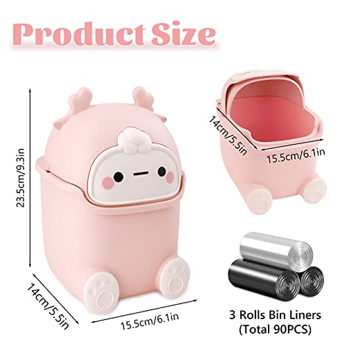 QLFJ-FurDec Cute Desktop Trash Can Wastebasket with 90 Trash Bags, Creative Tiny Countertop Garbage Can with Flip Lid, Small Plastic Storage Bin for Bedroom Bathroom Living Room Dressing Table(Pink)